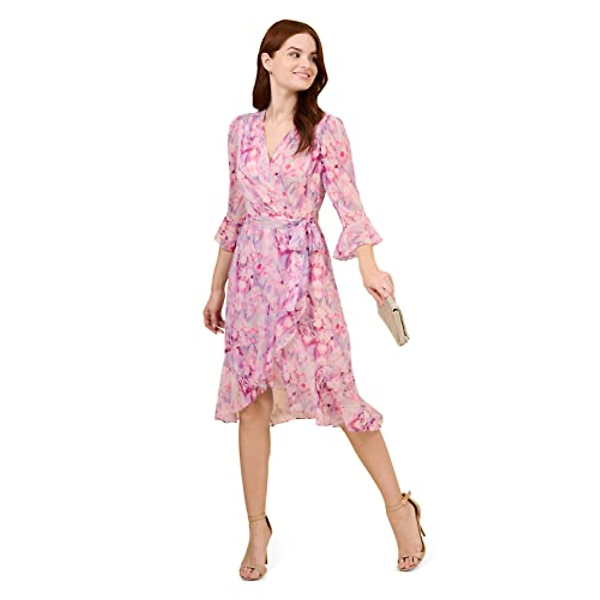 Adrianna Papell Women's Printed Chiffon Short Dress, Pink Multi