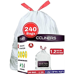 CCLINERS 1.2 Gallon (240 Bags) Small White Drawstring Trash Bags Code A 4.5 Liter Bathroom Mini Garbage Bags 1 Gallon Wastebasket Can Liners for Home Office Bins, 240 Count