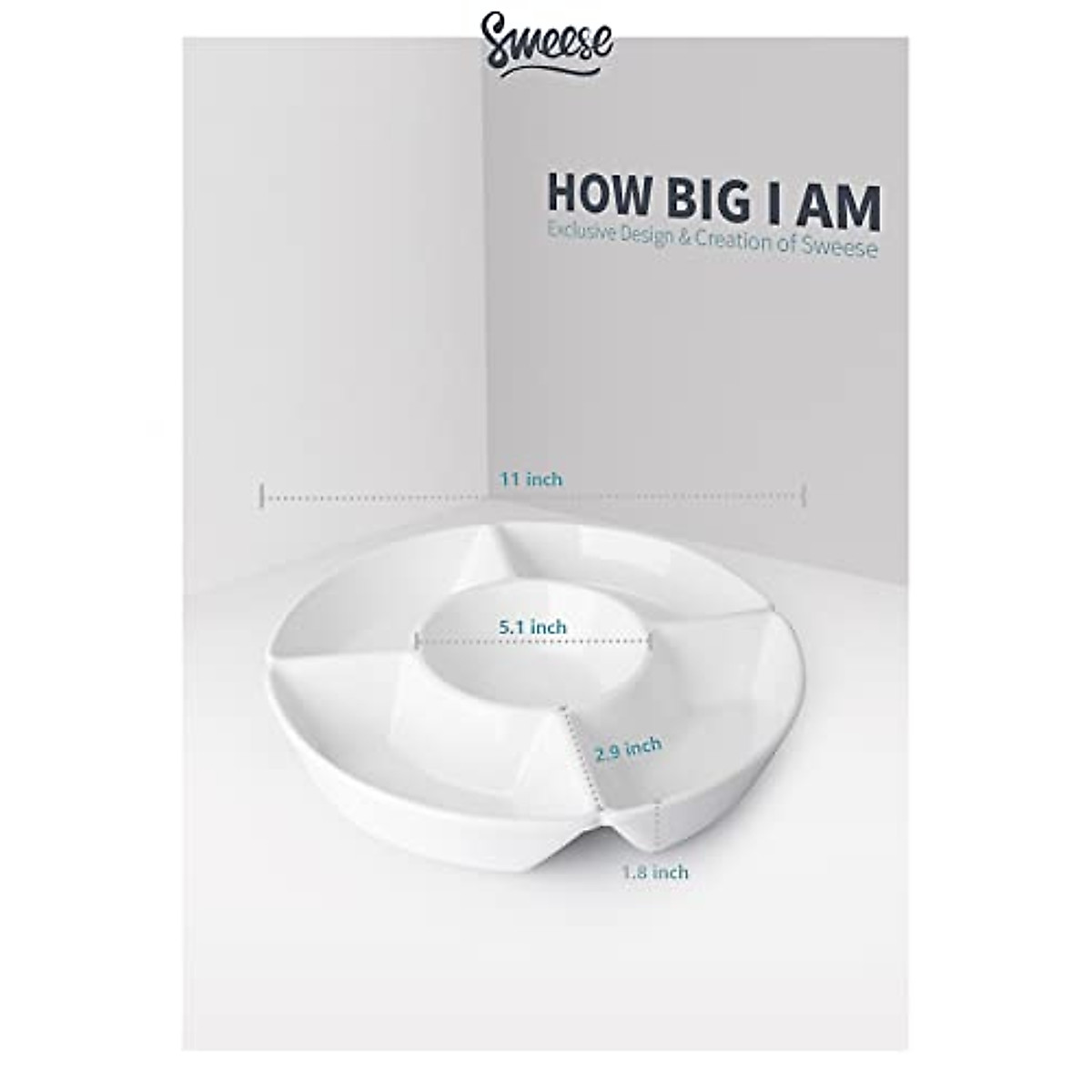 Sweese 712.101 Chip & Dip Serving Set, Porcelain Divided Serving Platter, Relish Tray, Perfect for Chips and Dip, Veggies, Candy and Snacks, White