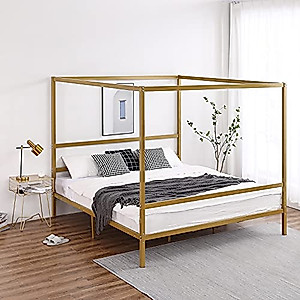 Bonnlo Metal Canopy Bed Frame King,Gold 4 Poster Bed,10 inches Canopy Platform Bed,No Box Spring Needed