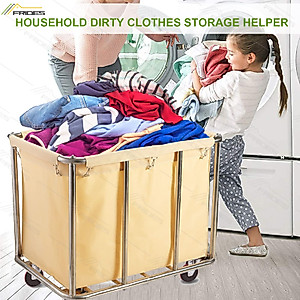 Commercial Laundry Cart with Wheels, 11.35 Bushel Large Laundry Tumbler with Removable Waterproof Canvas Lined Basket, Heavy Duty Stainless Steel Laundry Basket for Hotels and Hospitals