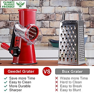 Geedel Rotary Cheese Grater, Kitchen Mandoline Vegetable Slicer with 3 Interchangeable Blades, Easy to Clean Rotary Grater Slicer for Fruit, Vegetables, Nuts