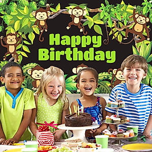 Monkey Jungle Safari Birthday Banner Decorations Cute Monkeys Theme Birthday Backdrop for Boy Girl Kid Forest Green Leaves Photography Background for Birthday Baby Shower Wild Party Supplies 71x44Inch