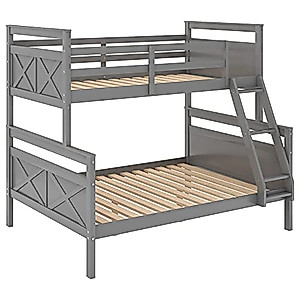 Ochangqi Twin Over Full Bunk Bed Frame with Ladder, Solid Wood Bunk Beds Loft Bed Frame Twin Over Full Size with Guardrail, Can Be Separated Into Twin/Full Size Bed, No Box Spring Needed (Gray)