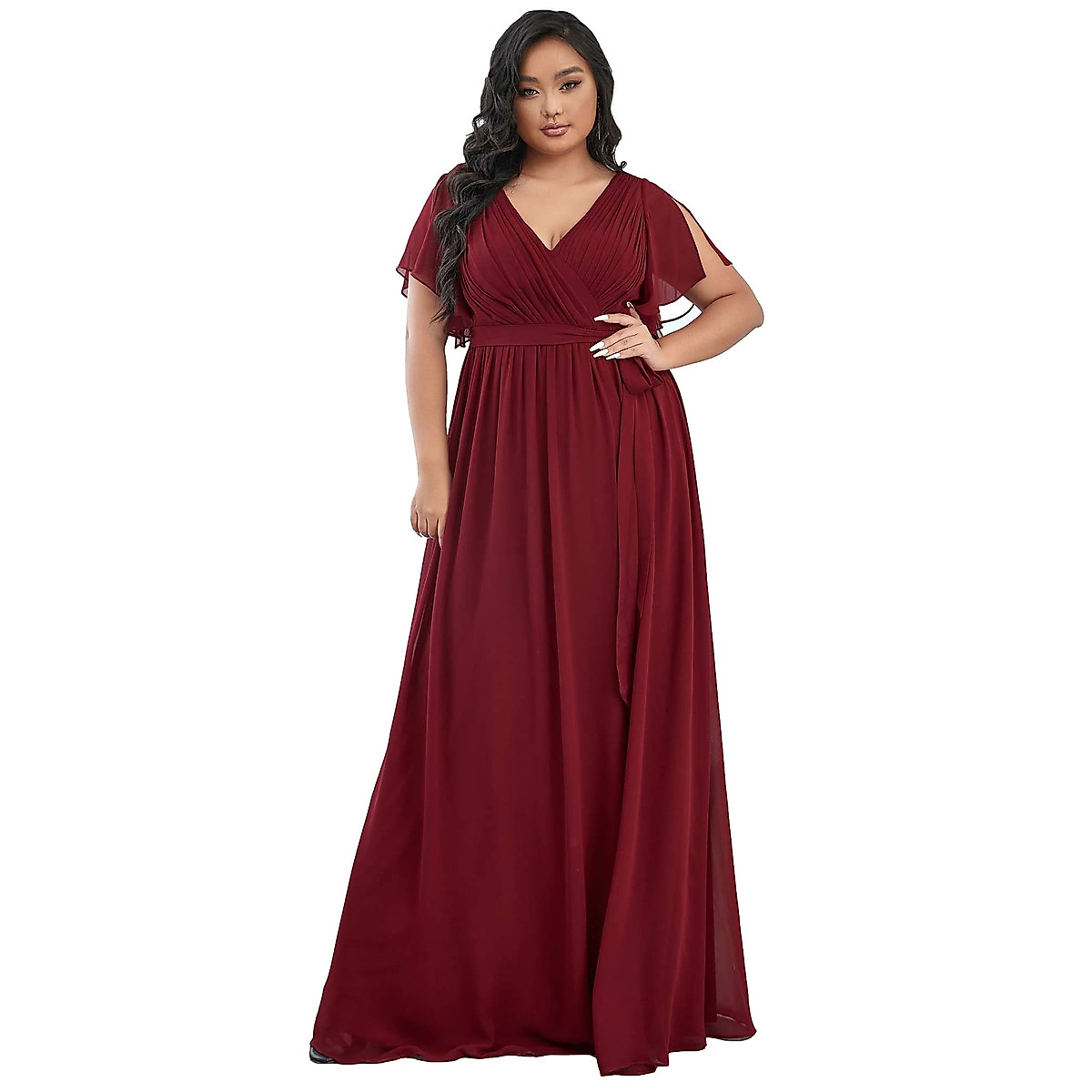 Ever-Pretty Plus Women's V-Neck A-Line Ruched Bust Ruffle Sleeves Plus Size Maxi Formal Evening Gown Burgundy US20