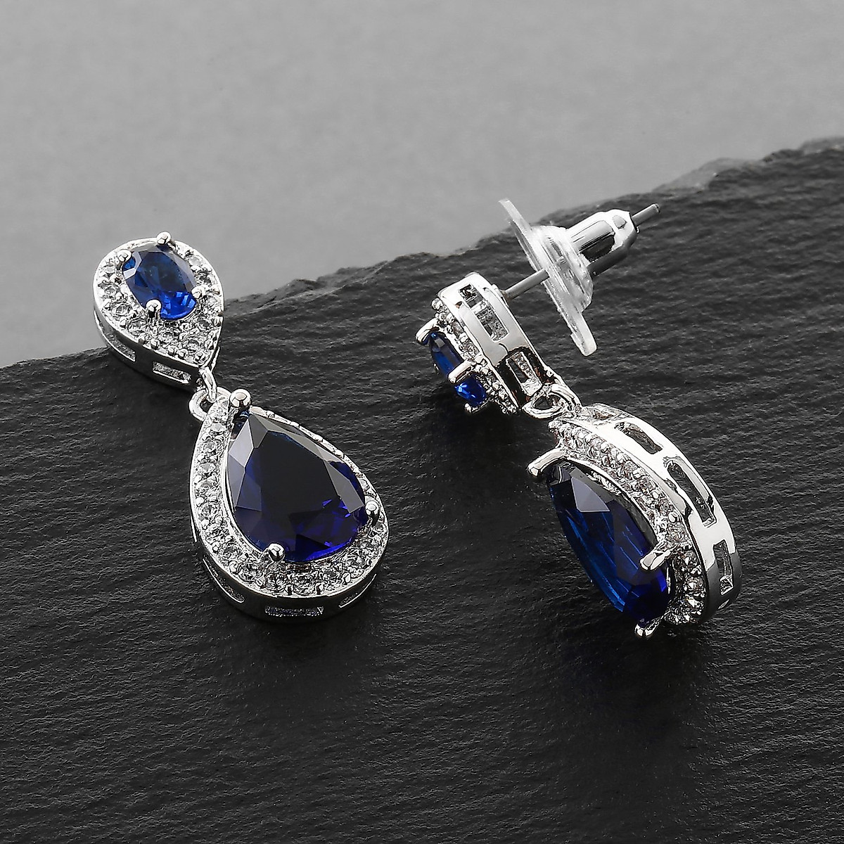 Mariell Sapphire Cubic Zirconia Teardrop Earrings for "Something Blue" Bridal or September Birthstone
