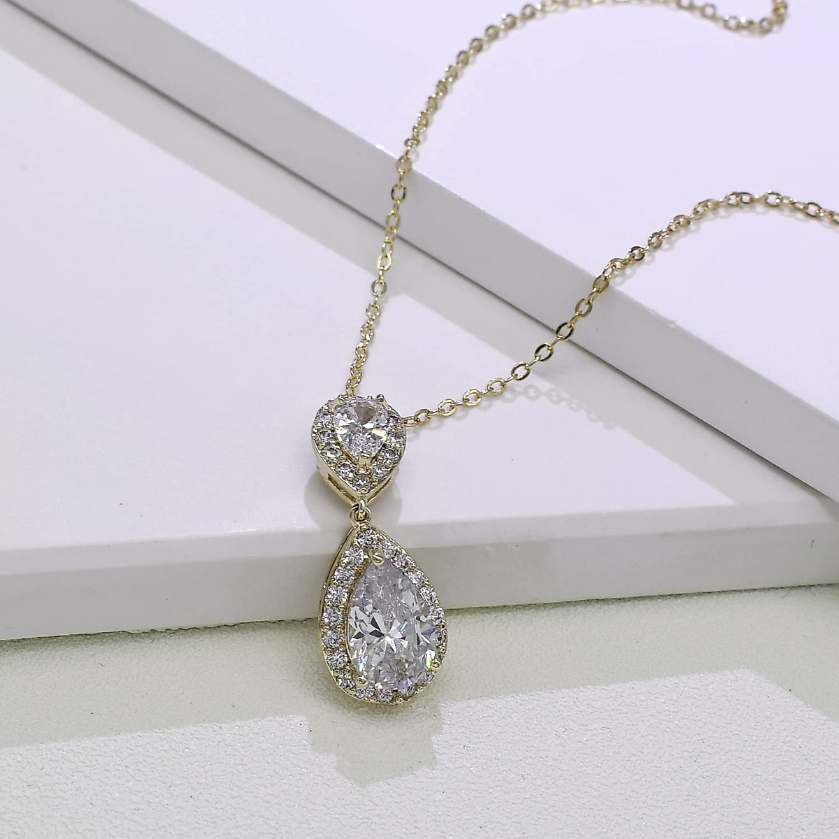 UDYLGOON Cubic Zirconia Crystal Bridal Jewelry Set for Bride Bridesmaid Wedding Prom Teardrop Necklace Earrings Bracelet Jewellery Set (Gold)