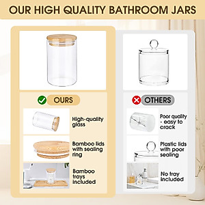 3 Pack Glass Qtip Holder for Bathroom with Bamboo Lids and Tray, 12oz Bathroom Organizers and Storage Accessories Home Decor, Apothecary Jars Qtip Dispenser for Cotton Swab, Cotton Ball and Floss