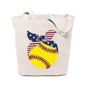 GXVUIS Softball Canvas Tote Bag for Women American Flag Bandana Reusable Travel Grocery Shoulder Shopping Bags Funny Gifts White