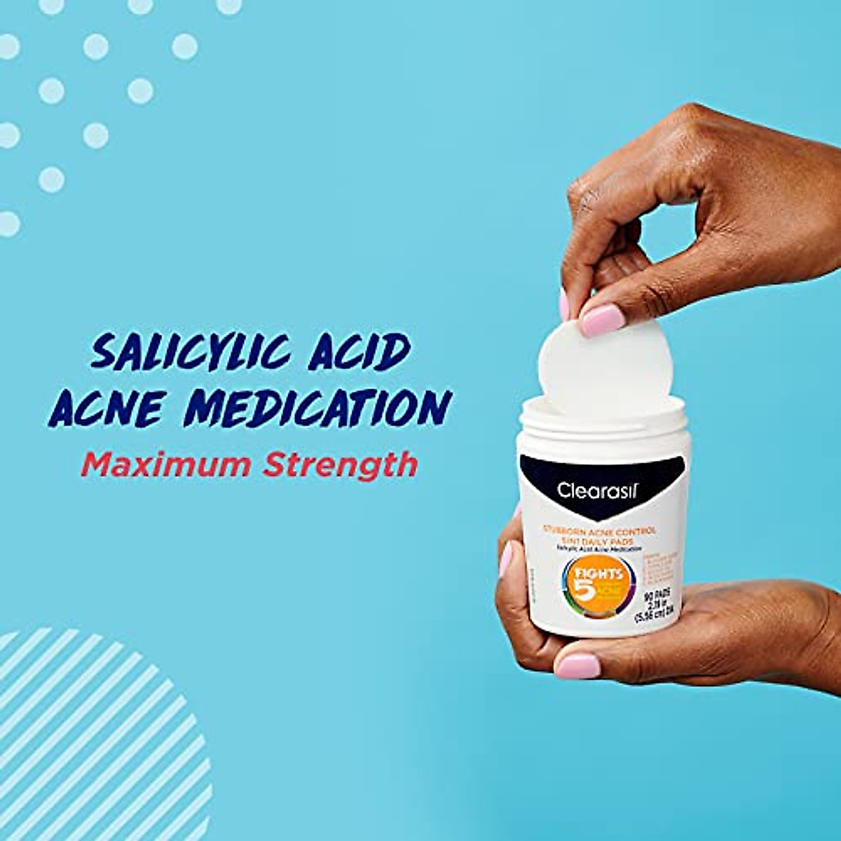 Clearasil Acne Treatment Facial Cleansing Pads, Stubborn Acne Control 5-in-1 Daily Pads, 90 Pads (Pack of 3)