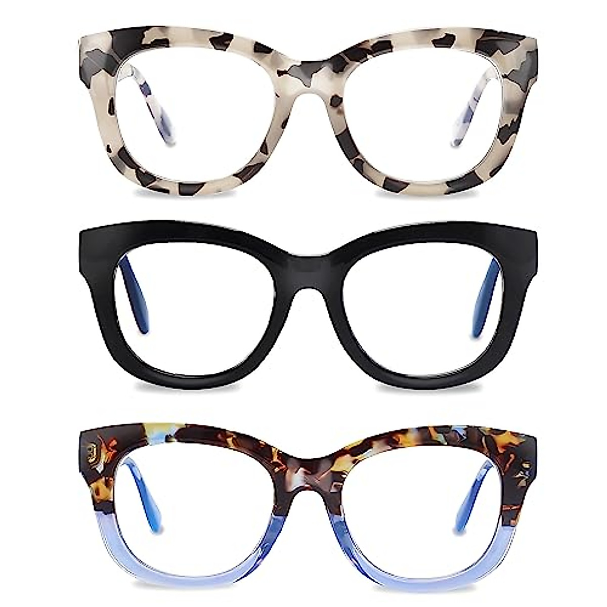 LADEESSE Readers for Women Oprah Style 3 Pack Square Reading Glasses with Spring Hinge Blue Light Blocking Ladies (Black+Grey+Blue, 3.00)