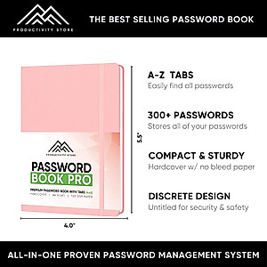 PRODUCTIVITY STORE Best Password Book With Alphabetical Tabs | Small Password Book, Organizer & Notebook | Password Keeper To Keep Website Logins & Passwords Safe | Black | Small 4x5.5