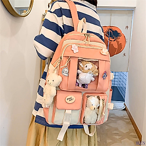 MQUN Kawaii Backpack 5 Pcs School Backpack Cute Aesthetic BackpackSet Aesthetic School Bags Cute Bookbag with Badge& Plush Pendan,Shoulder Bag,Pencil Box,Tote Bag,Small Bag