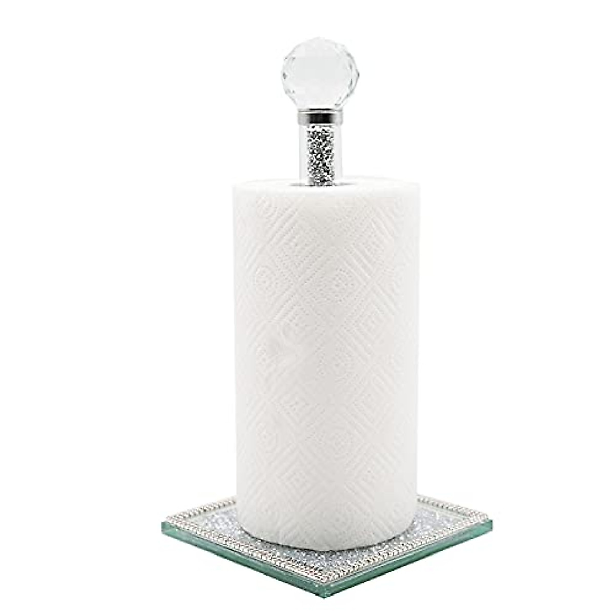 Handmade Silver Paper Towel Roll Holder, Filled with Sparkly Crystal Crushed Diamonds for Kitchen / Bathroom Towel Tissue Roll Countertop, 13inch Height 6.3inch Square Base Freestanding Holder