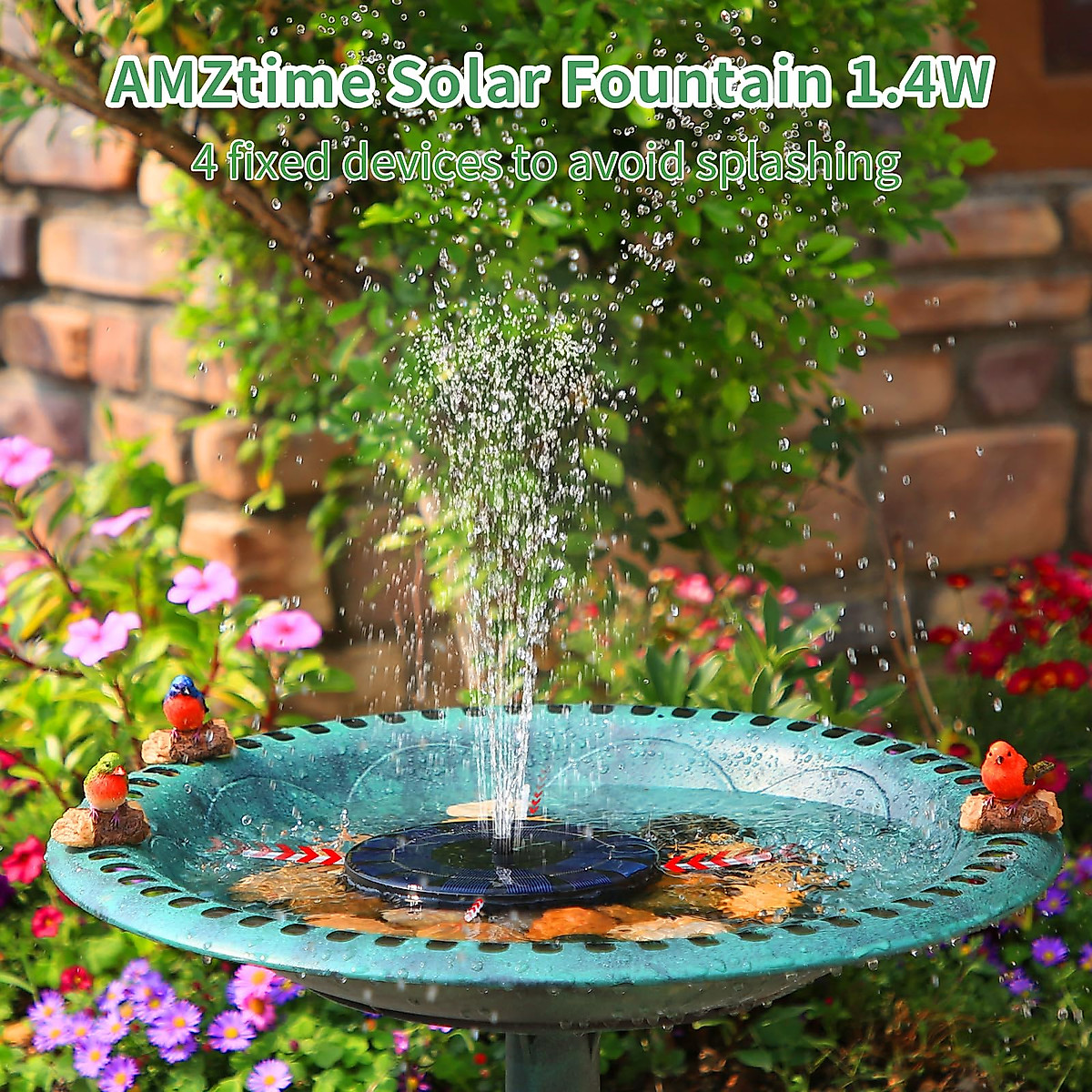 AMZtime 1.4W Solar Bird Bath Fountain with 4 Fixed Rods, Solar Fountain Pump with Upgraded Solar Panels, Solar Powered Floating Water Fountain Pump for Bird Bath, Ponds, Garden, Fish Tank and Outdoor