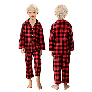 Family Plaid Pajamas Set, Baby Toddler Little Boy's Girl's 2-Piece Button Down Sleepwear Pjs, Black Red, 9-10 Years=Tag 150