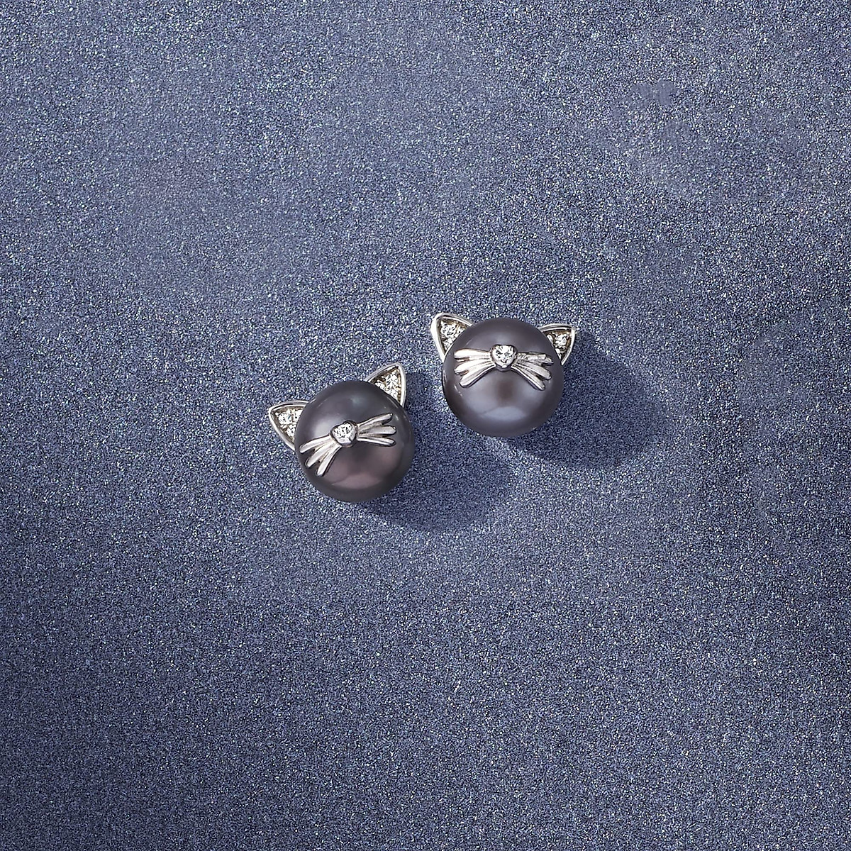 Ross-Simons 8-8.5mm Cultured Pearl Cat Earrings with Diamond Accents in Sterling Silver