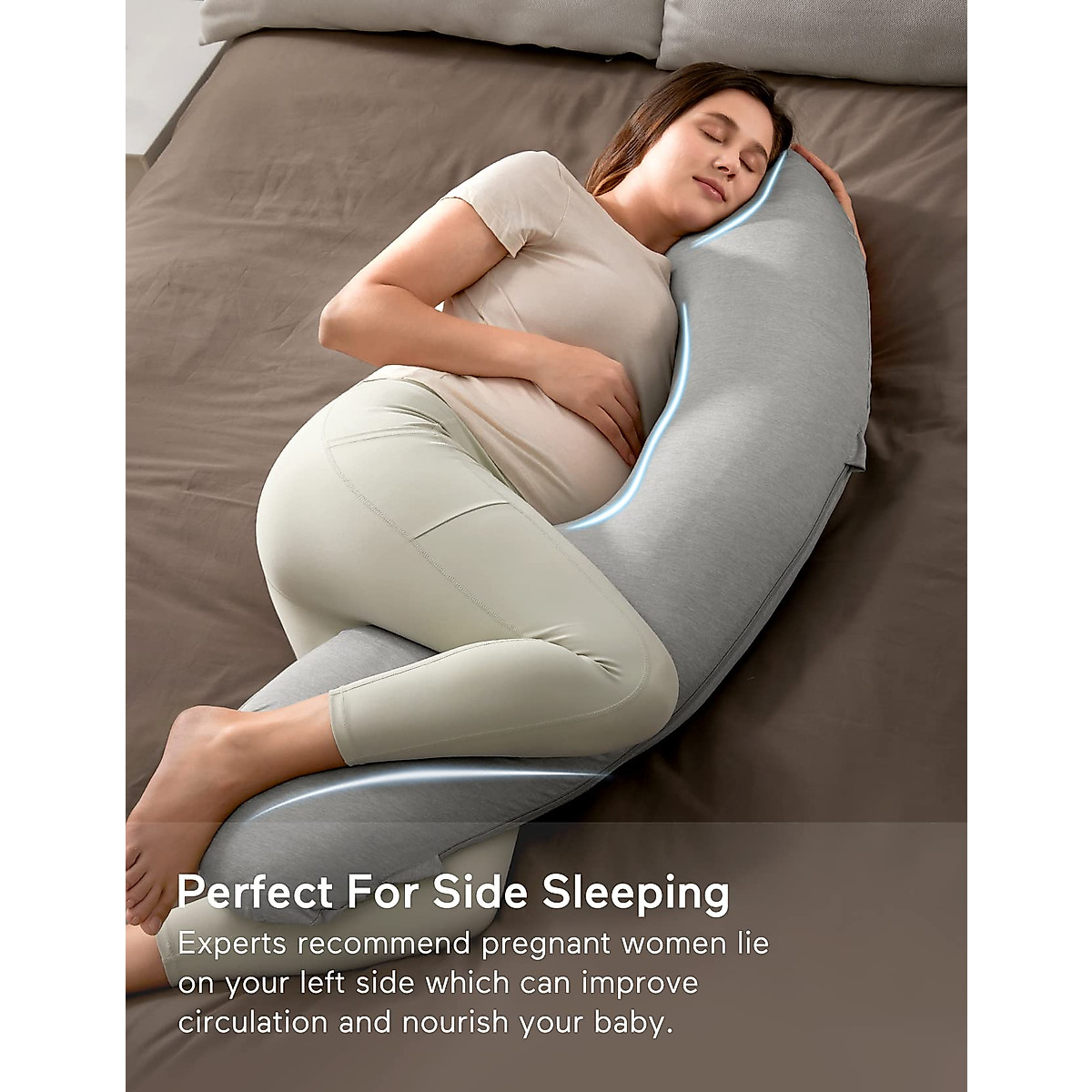 Momcozy Pregnancy Pillows with Cooling Cover, J Shaped Maternity Body Pillow for Pregnancy, Pregnancy Must Haves, Side Sleeper Pillow for Belly Hip Legs Support