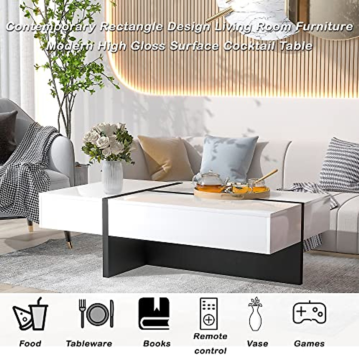 Merax Contemporary Rectangle Coffee Table, Modern High Gloss Surface, Living Room Furniture, White and Black