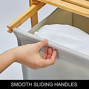 WORTHYEAH Bamboo Laundry Hamper and Shelf, Dual Compartments Laundry Basket with Removable Bag, 2 Sections Laundry Organizer and Storage, Wooden Bamboo Laundry Sorter