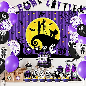 Nightmare Christmas Baby Shower Decorations, Welcome Little Night Before Halloween Birthday Party Decorations Includes Banner, Backdrop, Balloons,Cake Topper and Cupcake Toppers