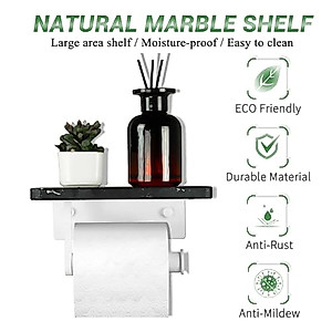 Toilet Paper Holder with Shelf，Wall Mounted Black Toilet Paper Holder，Marble Tissue Roll Holder for Bathroom Washroom(Middle 7.87 * 4.72 in)