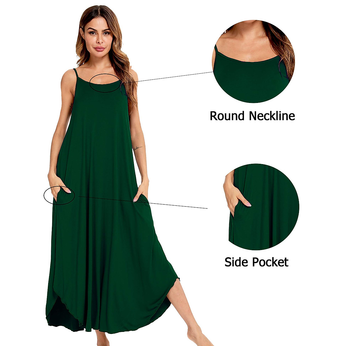 SWOMOG Women Long Nightgown Pajama Dress Soft Strap Nightdress Summer Sleeveless Nightshirt Lounge Dress with Pockets Green Medium