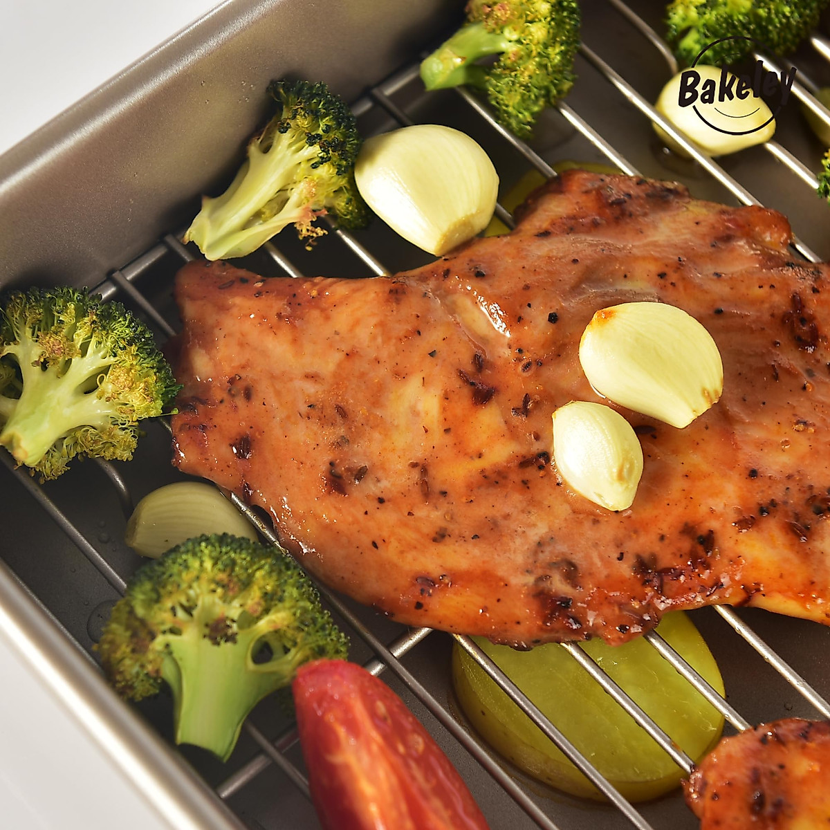 Bakeley Roasting Pan with Rack, Non-Stick Rectangular Deep Dish Oven-BBQ Bakeware for Oven Baking 13.78" x 9.84" x 2.36" (Champagne Gold)