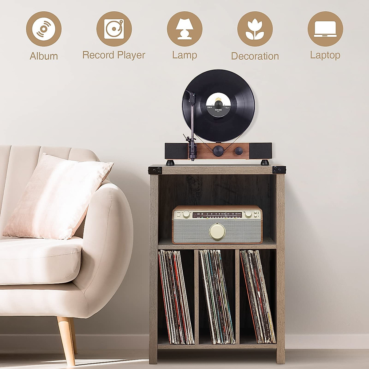 SICOTAS Record Player Stand with Vinyl Record Storage Turntable Stand Table Cabinet with Shelf End Table Night Stands Bed Side Table Nightstand Stereo Cabinet for Living Room Bedroom Office