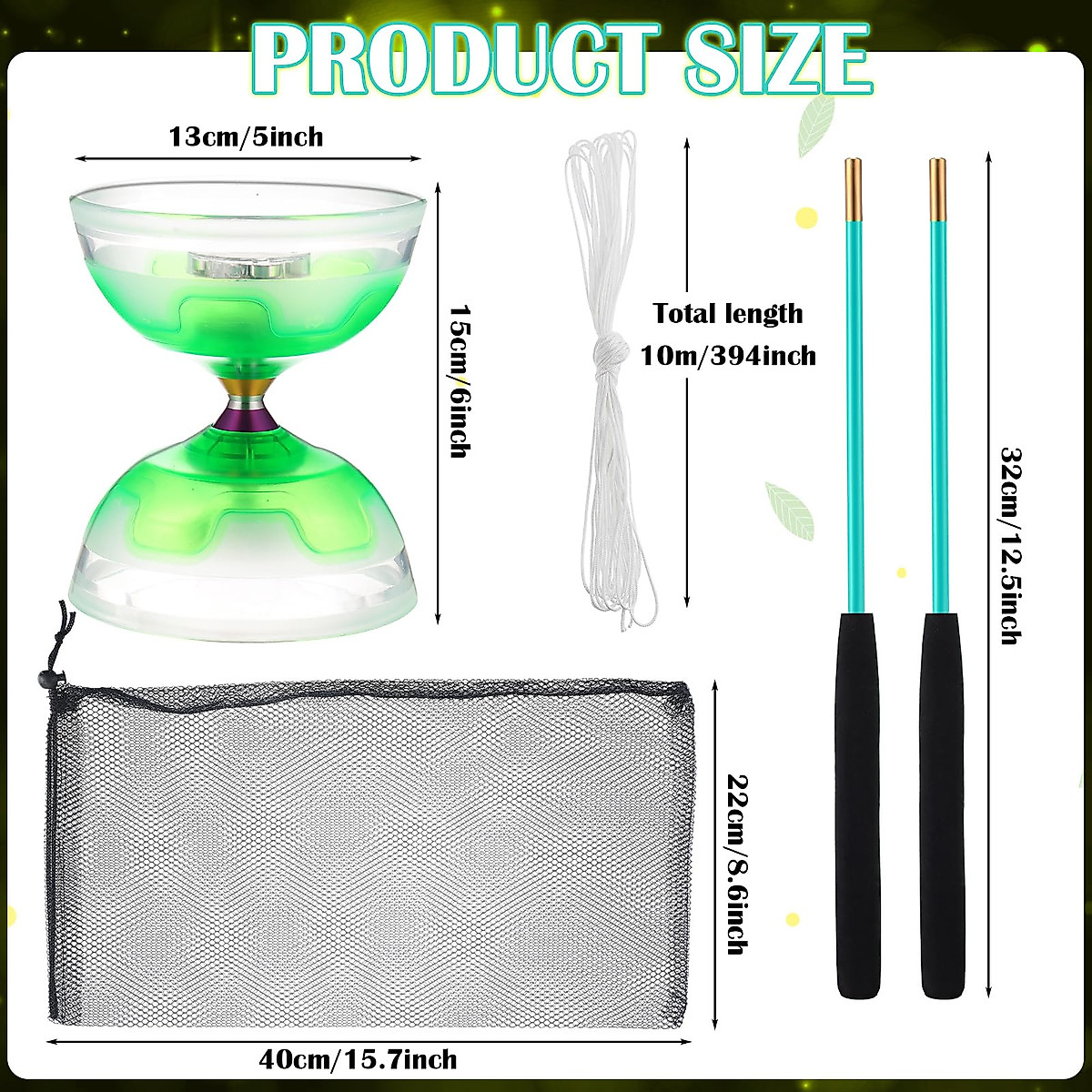 Chitidr Chinese Yoyo Diabolo Set Includes 5 Inch Colorful LED Diabolo Toy Light Up with 2 Pieces Diabolo Sticks, 1 Piece Diabolo String and 1 Piece Net Bag for Fun (Green)