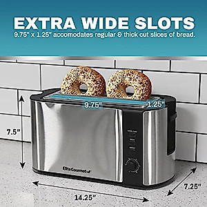 Elite Gourmet ECT-3100# Long Slot 4 Slice Toaster, Reheat, 6 Toast Settings, Defrost, Cancel Functions, Built-in Warming Rack, Extra Wide Slots for Bagels Waffles, Stainless Steel & Black