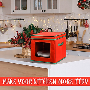 Abbylike 2 Set Christmas Dish Storage Containers with 24 Felt Dividers Plate Storage Containers with Lid and Handles Glassware Storage Mug Storage Hold 24 Plates, 12.6" x 12.6"