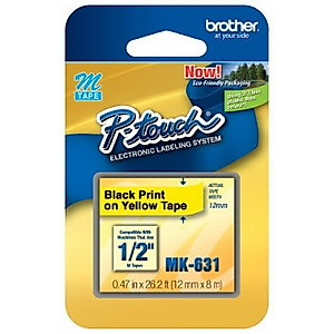 1/2" (12mm) Black on Yellow P-Touch M Tape for Brother PT-70, PT70 Label Maker