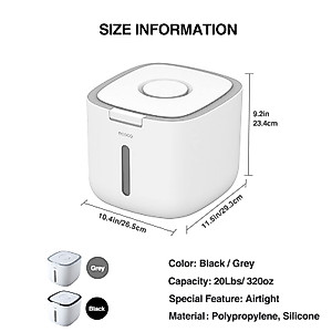 Benshukam Rice Storage Container, Food Container, Dry Food Storage, Pet Food Dispenser, 20 Lbs/ 320oz Large Storage Bin with Lid, for Grain Cereal Soybean Corn, Cat Food, Coffee, Flour (Grey)