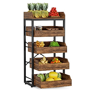 Tribesigns Wood Fruit and Vegetable Storage Rack, 5-Tier Pull-Out Snack Stand Fruit Basket Stand, Utility Shelf Organizer for Kitchen, Living Room, Bedroom, Rustic Brown