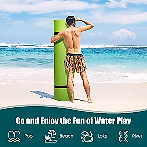 GYMAX Floating Water Mat, 12' x 6' Foam Water Floating Pad with Safe Bungee Tether and Storage Straps, 3-Layer XPE Foam Floating Island for Pool Lake River Outdoor Water Activities (Green)
