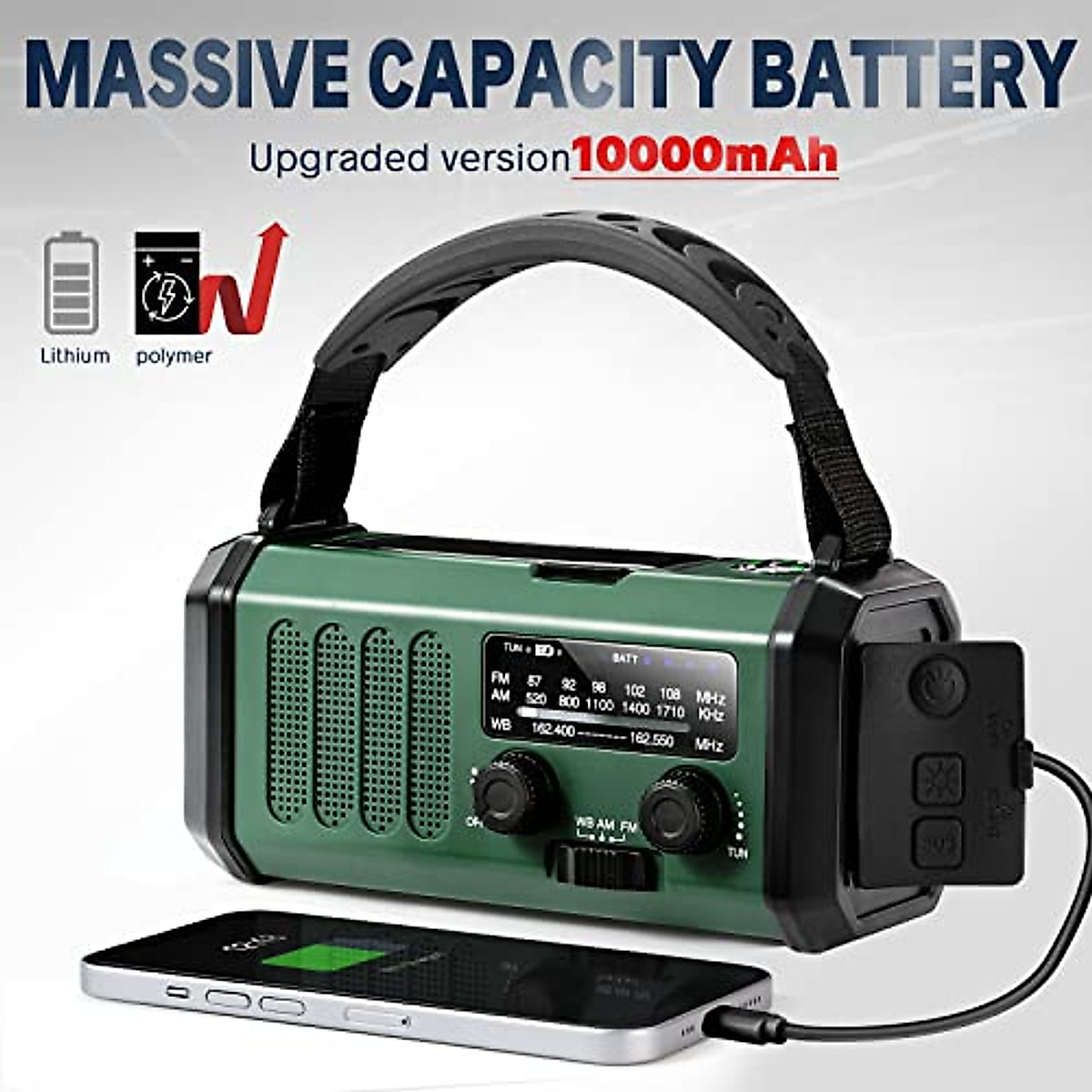 10000mAh Crank Radio, Emergency Radio, Solar Radio, NOAA/AM/FM Weather Radio, USB Type-C Charging,Dynamo Radio,Polymer Battery,Torch & LED Reading Light, SOS Alarm,Compass for Camping