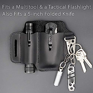 XXL EDC Leather Sheath, Leather Knife Belt Sheath Organizer, Tool Pouch Sheath for Most Leatherman Multitools, Key Ring Holder Fob, Holster for 5 inch Knives, Fit Most Tactical Flashlights. Black.