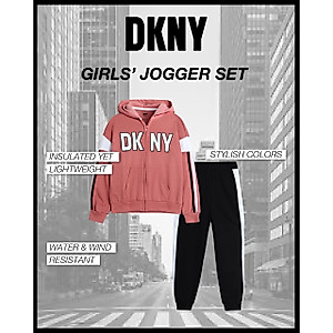 DKNY Girls’ Jogger Set – 2 Piece Hoodie and Sweatpants Kids Clothing Set (Size: 4-12), Size 14-16, Black/Rosette