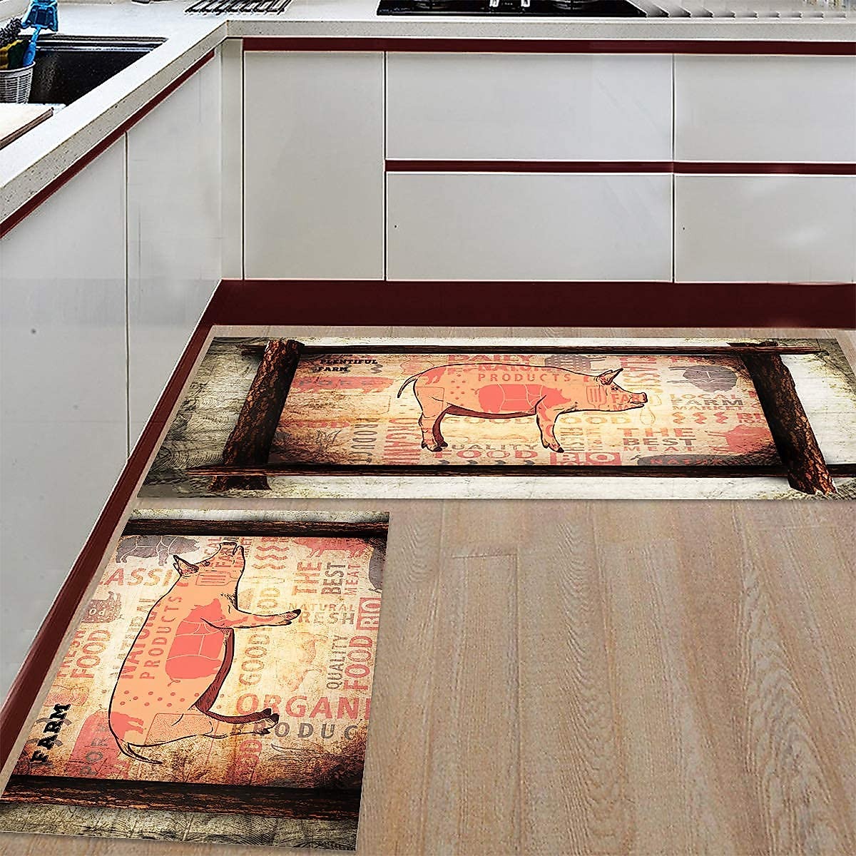 Midetoy 2 Piece Kitchen Rug Set Non Slip Cushioned Floor Mat Vintage Pig Kitchen Rugs Washable Doormat 17.7"X59"+17.7"X29"