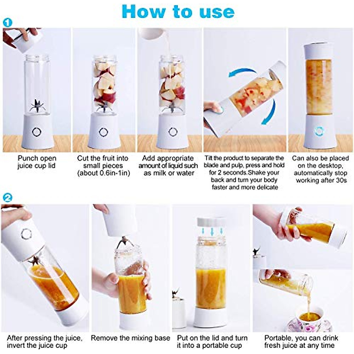 Portable Personal Blender, Household Juicer fruit shake Mixer -Six Blades, BPA Free 480ml Baby cooking machine with USB Charger Cable (blue)