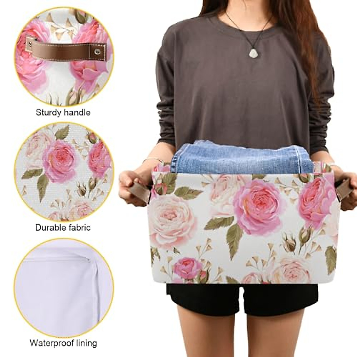 susiyo Large Foldable Storage Bin Floral Pink Roses Fabric Storage Baskets Collapsible Decorative Baskets Organizing Basket Bin with PU Handles for Shelves Home Closet Bedroom Living Room-1Pack