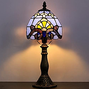 RHLAMPS Small Tiffany Lamp Mini Accent Table Lamp Blue Stained Glass Baroque Style Desk Memory Lamp Sympathy 6X14.6 Inch