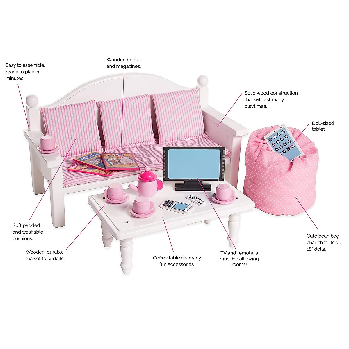 Playtime by Eimmie 18 Inch Doll Furniture - Doll Couch & Coffee Table with Living Room Accessories - Fits American, Generation, My Life & Similar 14"-18" Girl Dolls - White Wood Playset