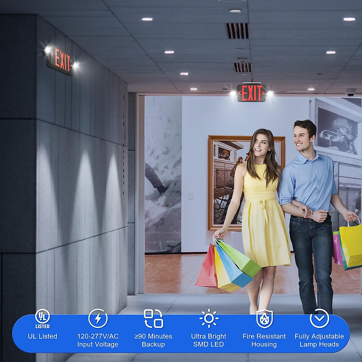 Black LED Exit Sign with Emergency Lights, Adjustable Two LED Head Exit Light with Battery Backup, UL Listed, AC 120/277V, Double Sided Hard Wired Commercial Emergency Light for Business (4 Pack)