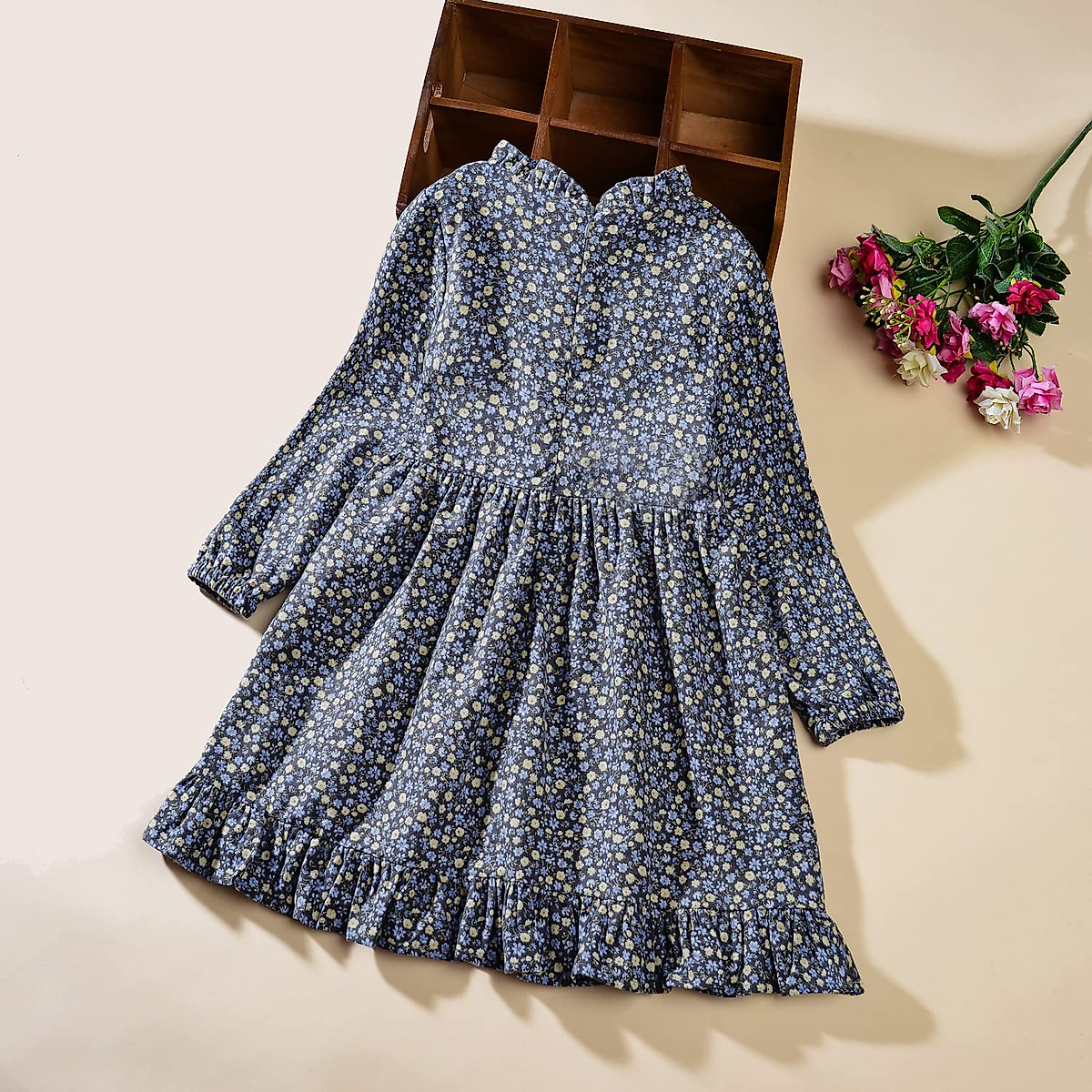 VINUOKER Toddler Girls Cotton Dress Long Sleeve Floral Dress for Little Girls Midi Dress 2-8years Fall Winter Dress A-blue