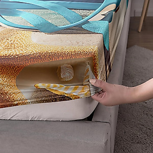 AILONEN Beach Fitted Sheet Set Full Size, Ocean Theme Bed Sheet Set,Starfish Coastal Sheets Set for Boys Girls,Surfboard Sheets Set 3 Pieces, 1 Fitted Sheet and 2 Pillowcases