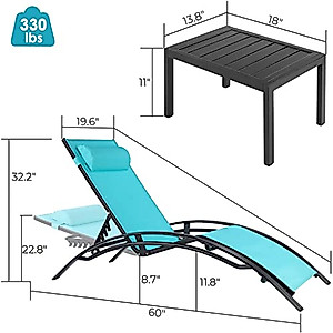 LUKEO 3Pcs Sun Lounger Recliner Set Aluminum Chaise Lounges,Reclining Chair with 5 Adjustable Backrest, Head Cushion, Table for Garden