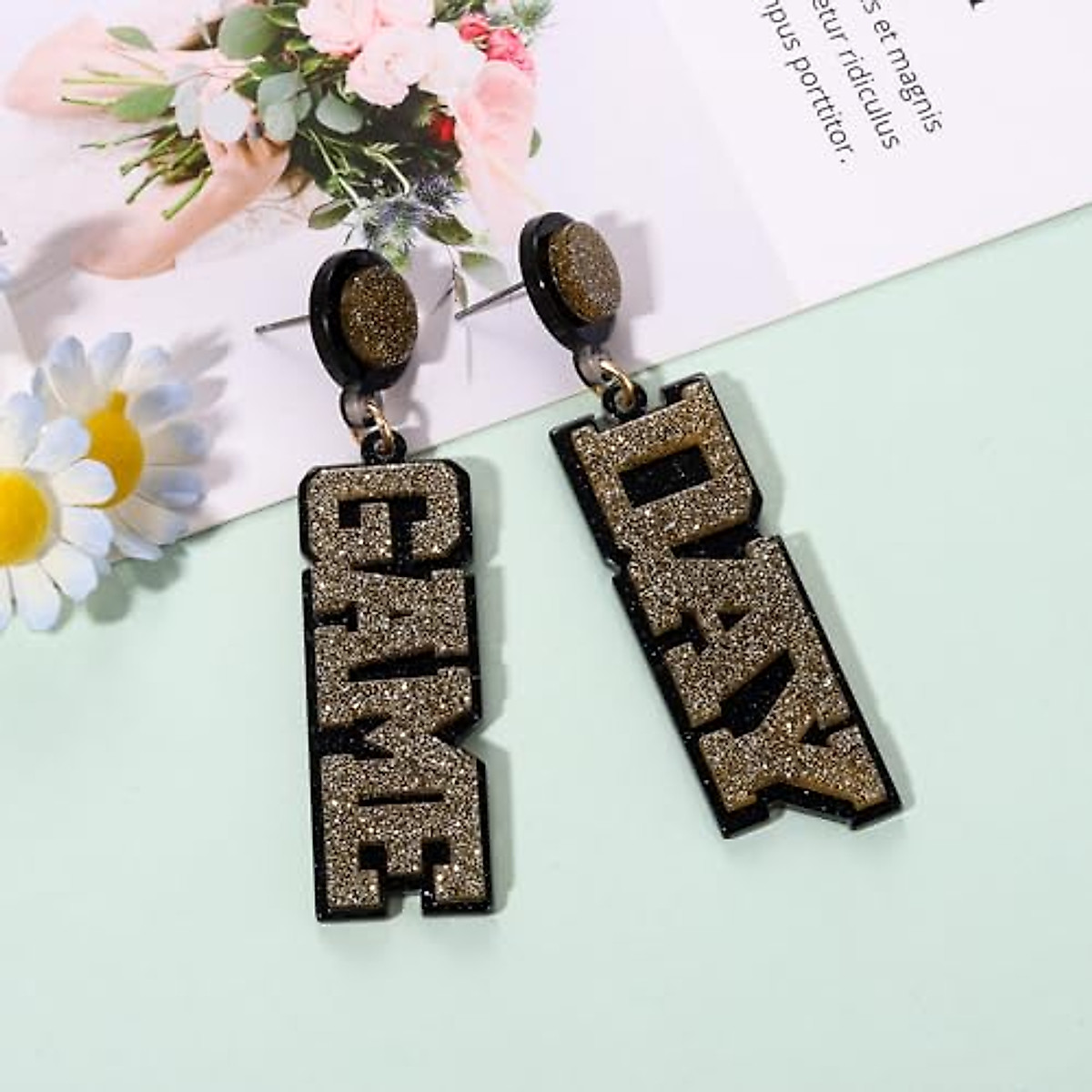 Game Day Earrings for Women, Acrylic Football Earrings Game Day Accessories Team Sports Fan Earrings Football Team Gifts (Glitter Gold&Black)