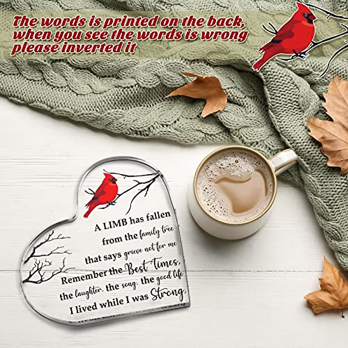 Cardinal Sympathy Gift Red Gifts Decor Memorial Bereavement Gift Crystal Acrylic Glass Heart Memorial Gift Condolence Gift for Loss of Loved One Table Remembrance Decoration Grieving Gift, 6 x 6 Inch